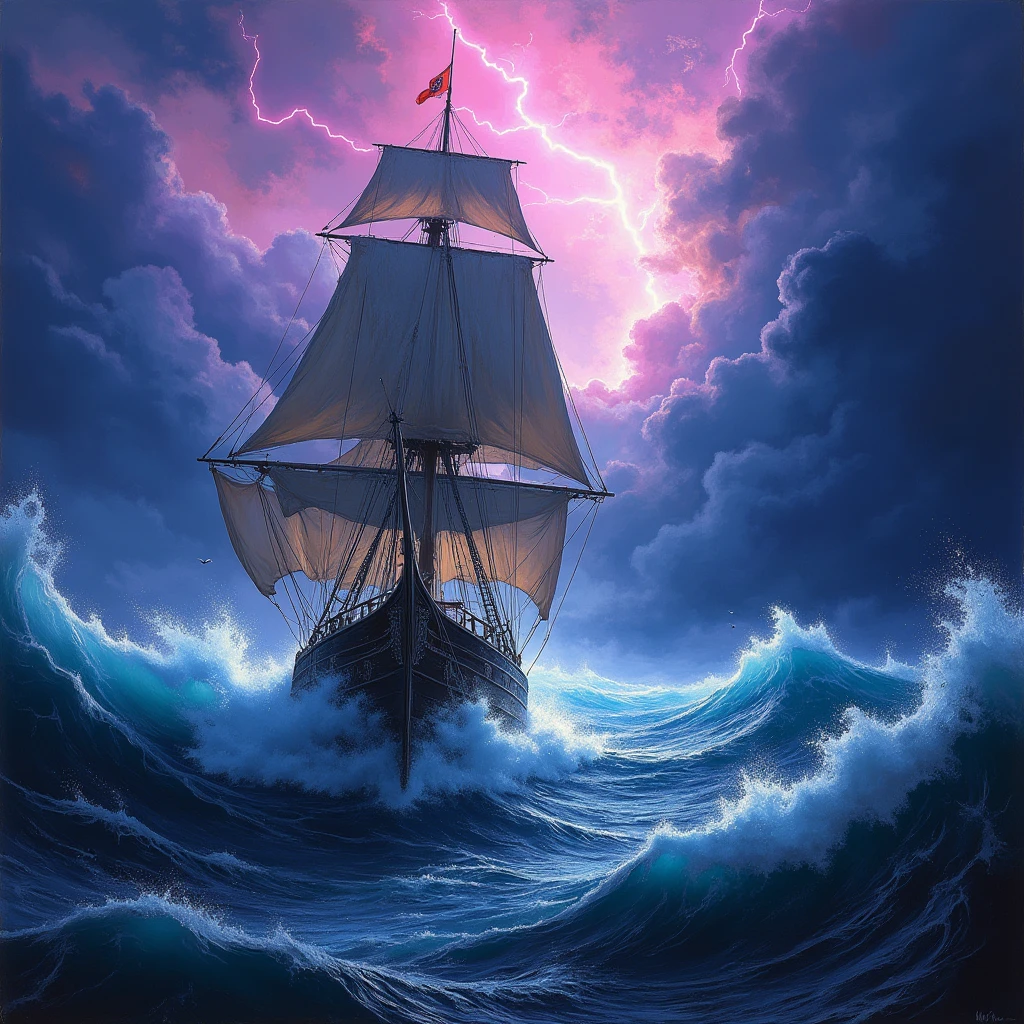 A painting of a ship in the middle of a storm, huge waves above the ...