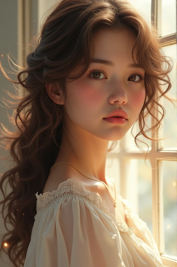 about brunette, curly hair, Round cheeks , bright eyes - SeaArt AI