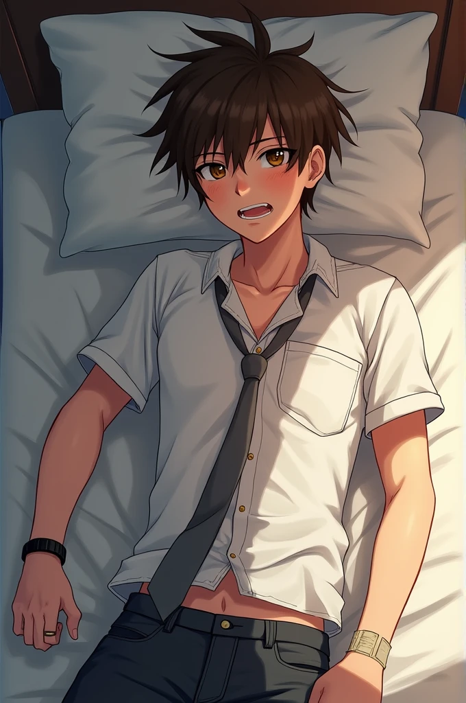 A brown haired, light skinned boy with brown eyes and wearing a short ...