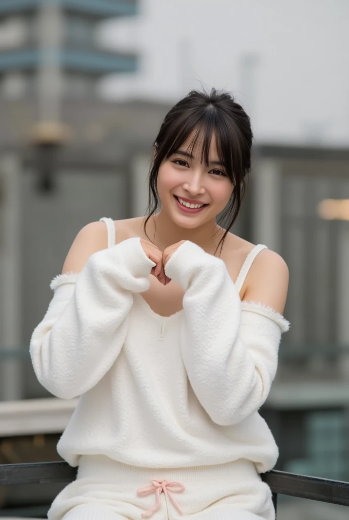 Only one woman with a cute smile wears cute, fluffy off-shoulder ...