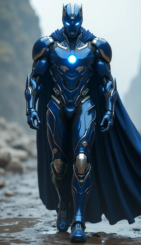 Dark blue armor with futuristic silver details, realistic humanoid neon ...