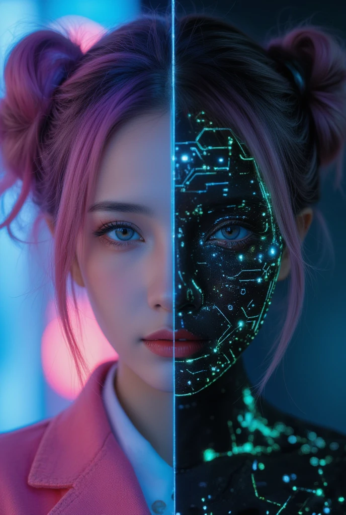 A digital artwork featuring the upper body of a female virtual idol ...