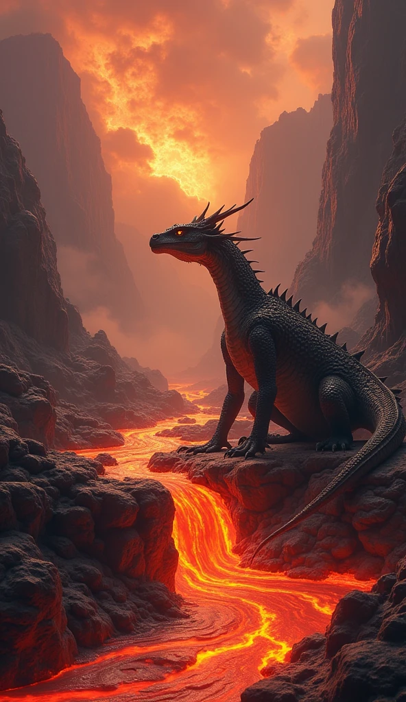 An ordinary dragon looks at the lava of a volcano - SeaArt AI
