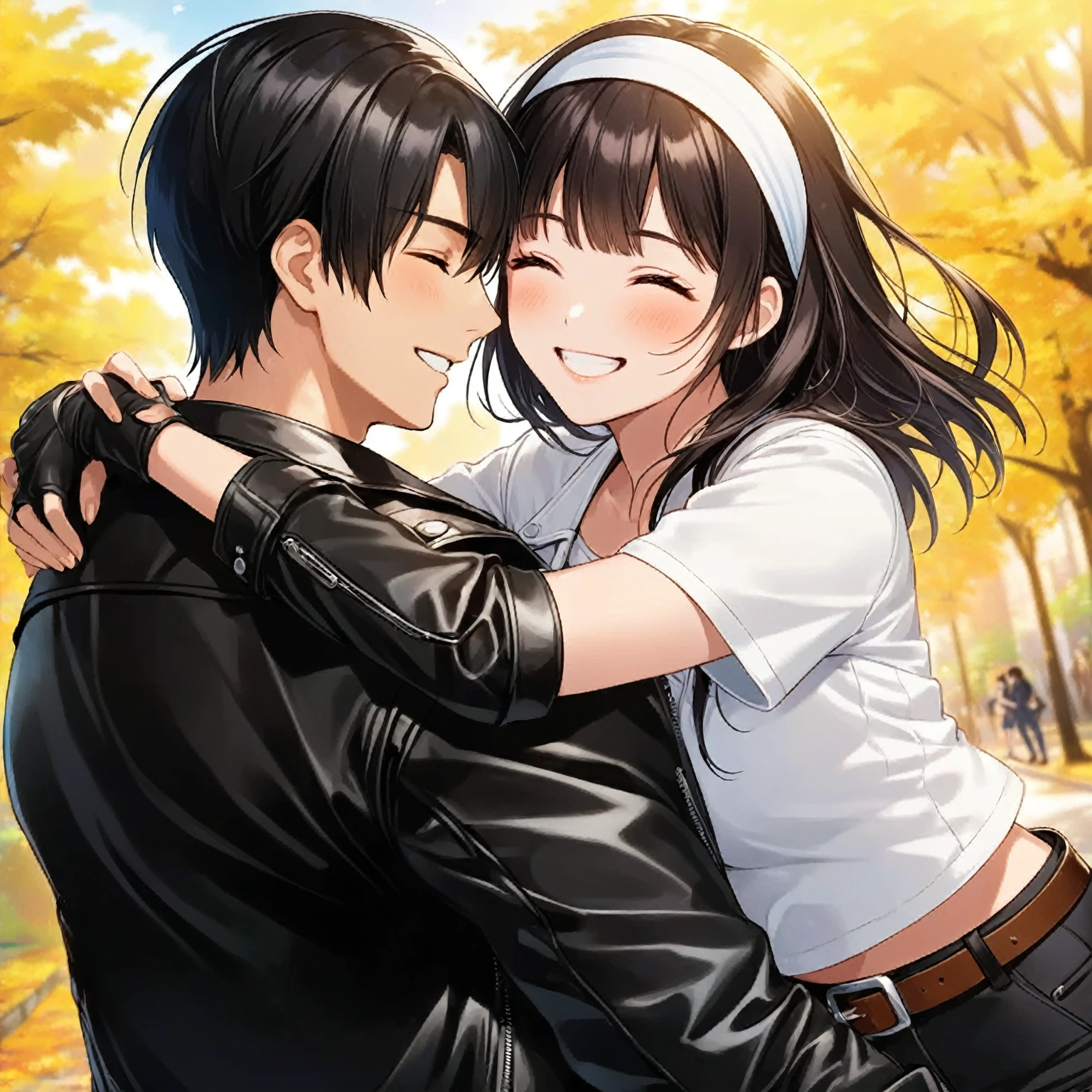 Anime couple cuddling in the park in fall , Couple pose , Sakimi ...