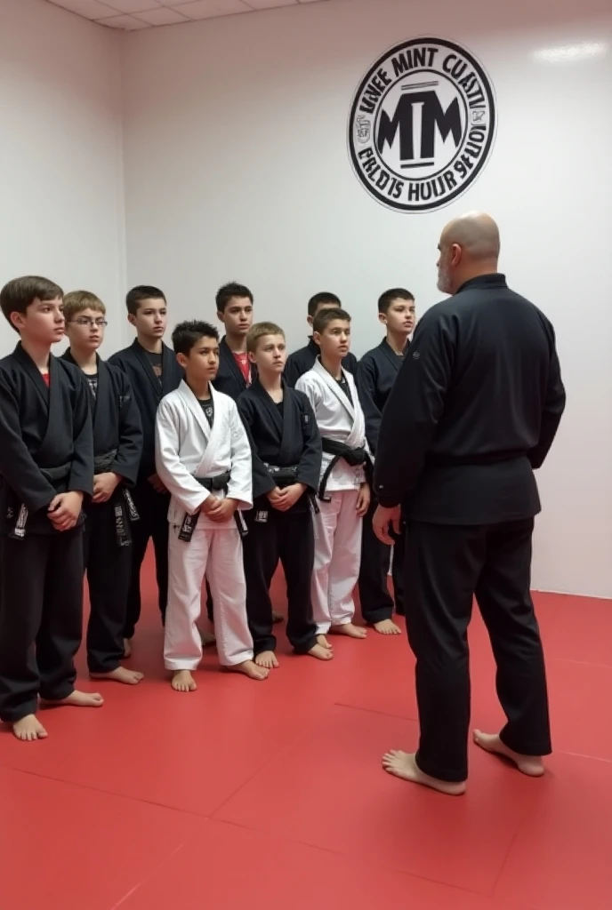 a group of about 10 boys and girls trained standing with GI of ...