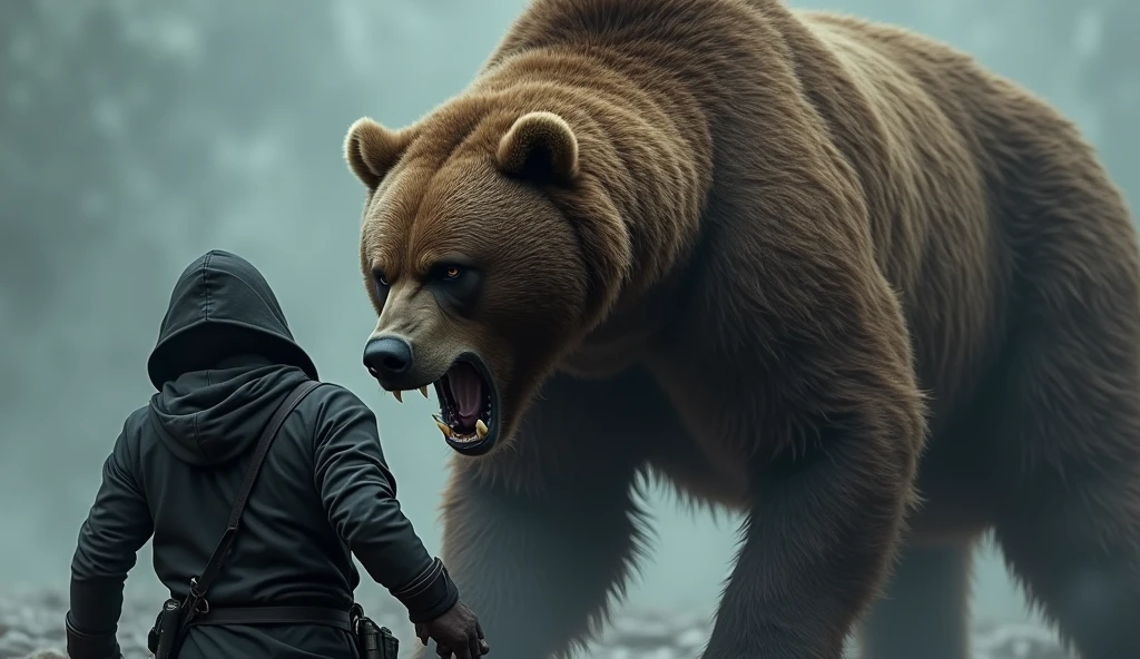 Creates an image of an ugly and angry bear fiercely attacking a person ...