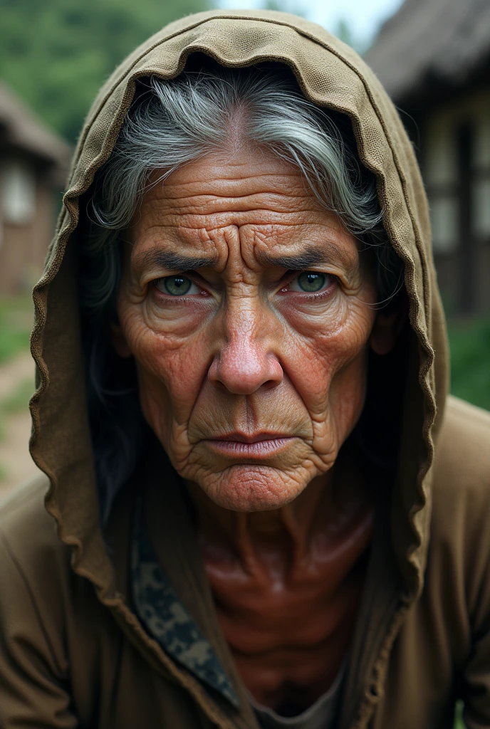 Close up of a 1500's old woman villager with a worried expression in a ...
