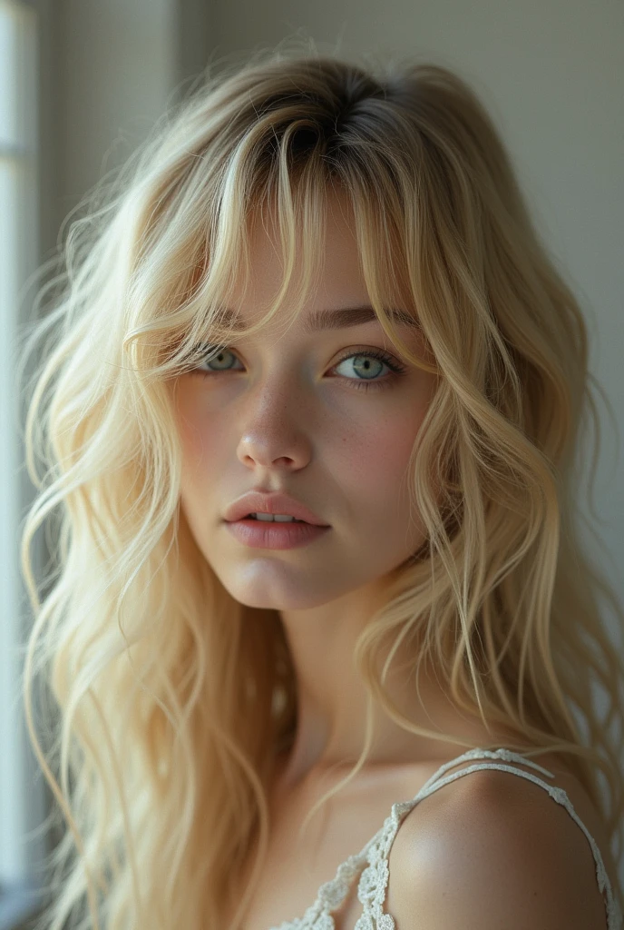 Long wavy Bitter hair with long bangs in blonde or beige tones - SeaArt AI
