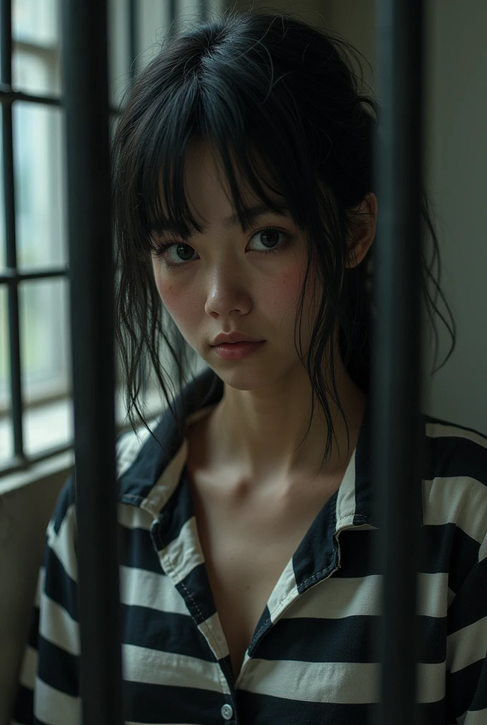A girl in prison she was wearing a black and white striped prison ...