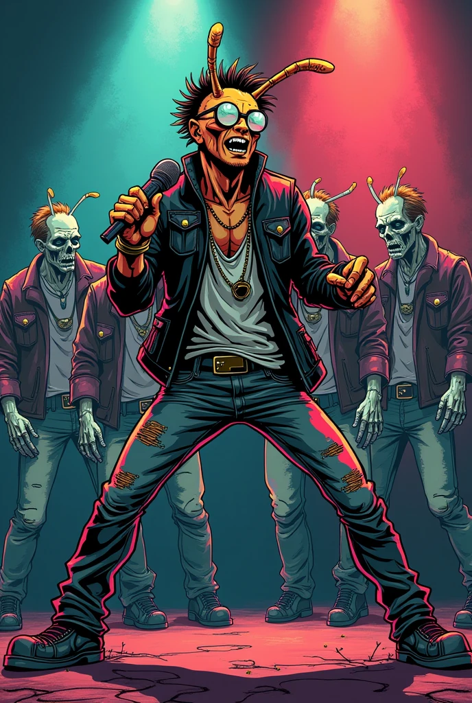 Comic drawing Male punk ant solo singer with microphone glasses With ...