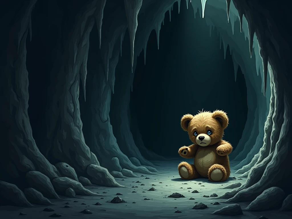 Scared teddy bear in a cave - SeaArt AI