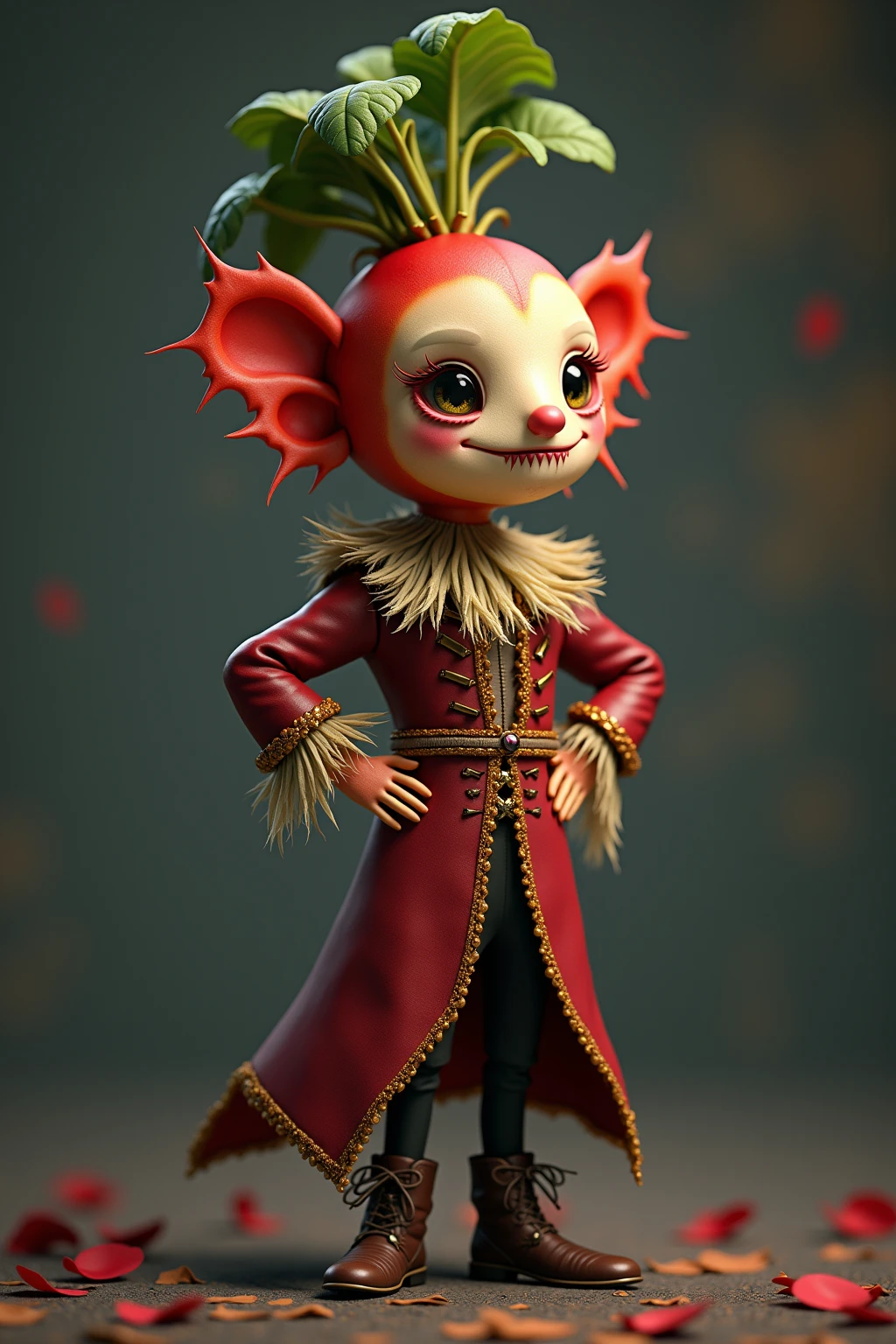 Generate images of kawaii chibi character of (radish head) zany ...