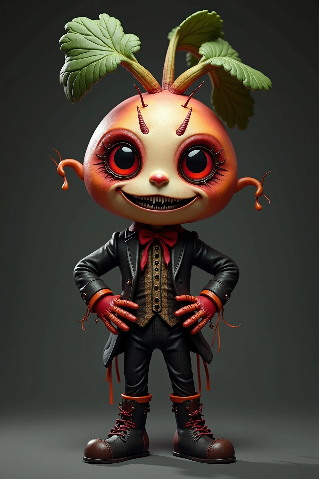 Generate images of kawaii chibi character of (radish head) zany ...