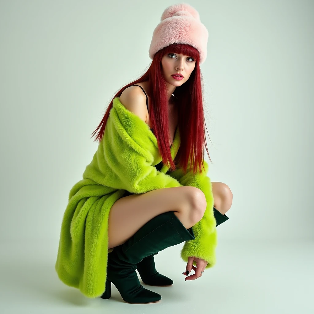 Crouching in profile, a woman with very long, very straight hair with ...