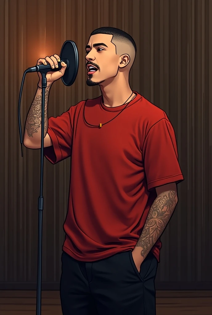 creates an image of a young man , wearing a red t-shirt and black ...