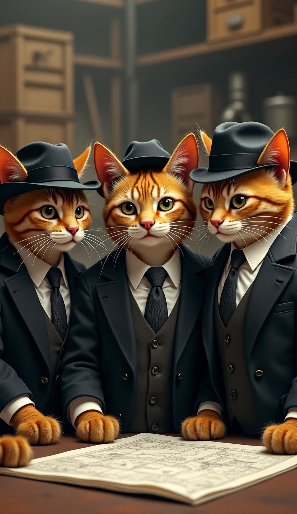 Generate four cats dressed as mafia engineers and wearing the UNI logo ...