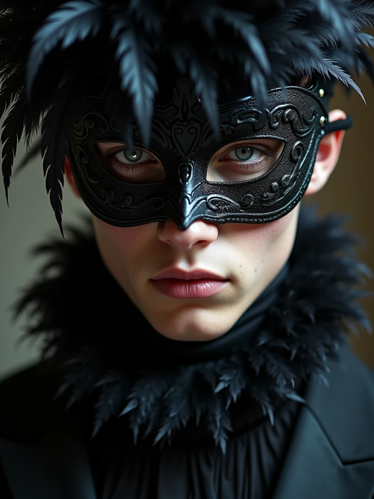 A close up of a person wearing a feathered mask, dreamy gothic male ...