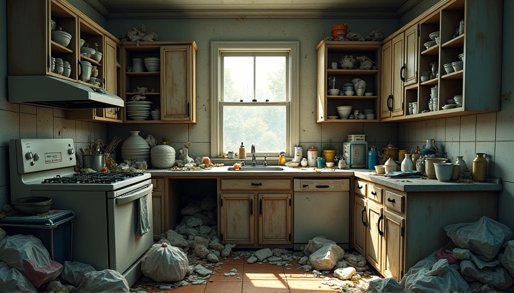 create an image of a dirty little kitchen with some sample garbage ...