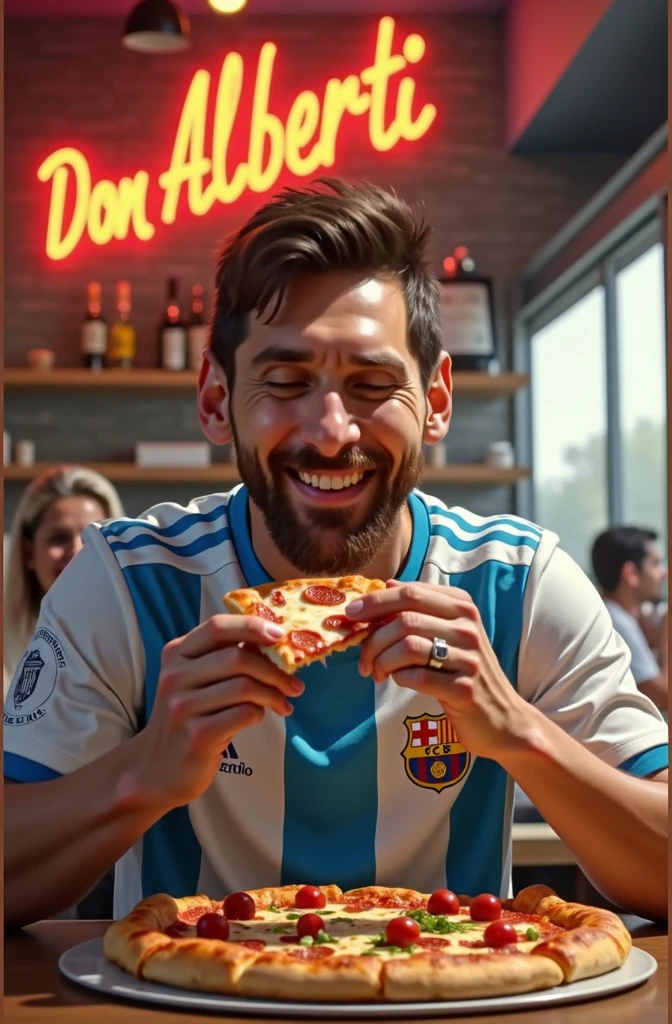 That Messi likes the pizza he is eating and that in the background the ...