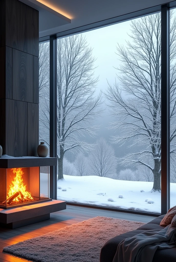 Big window. Snow. Fireplace - SeaArt AI