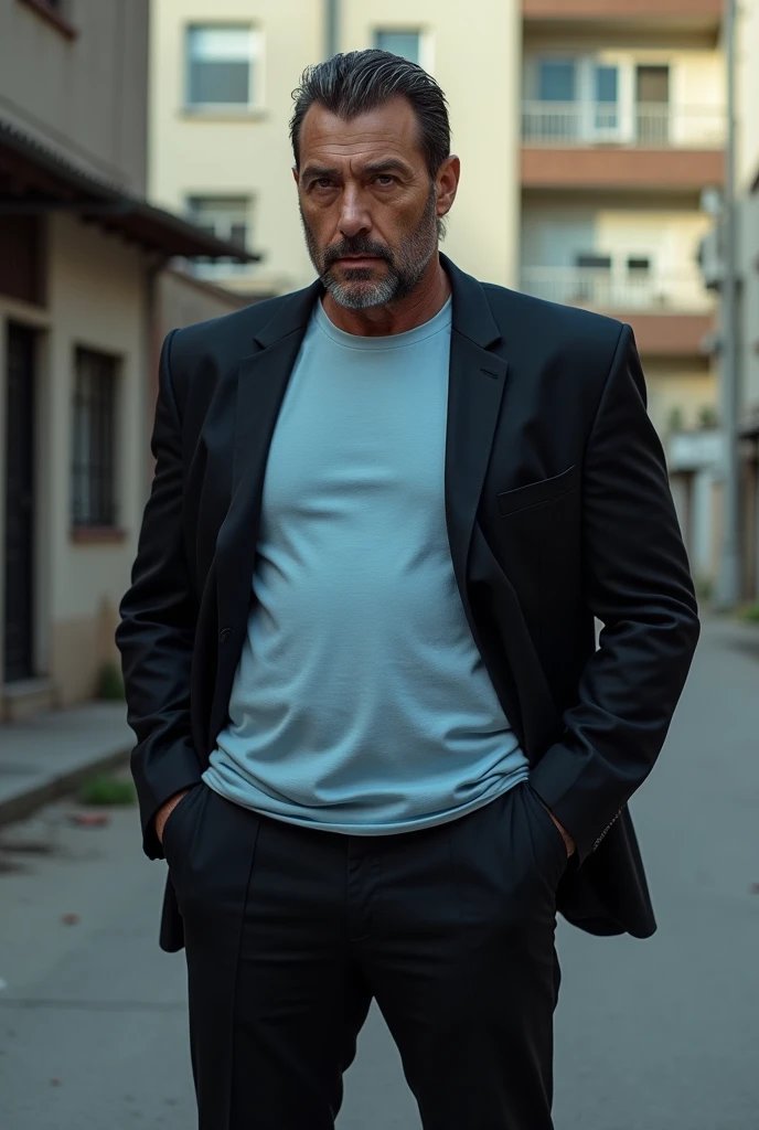 Steven Segal wears his light blue t-shirt with black jacket around him ...