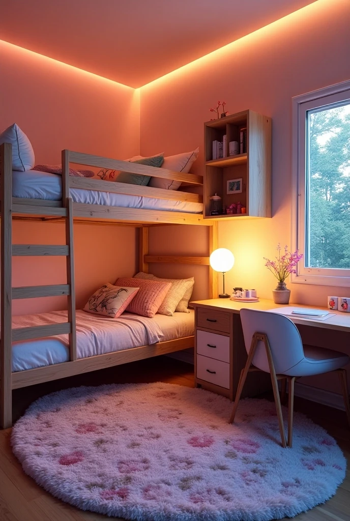 Bunk bed aesthetic room with desk and a carpet and led lights - SeaArt AI