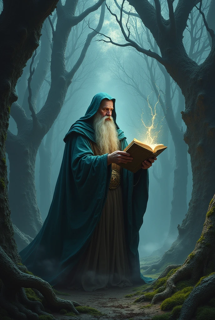 A wizard with a book in his while enduring a spell in a dark forest ...