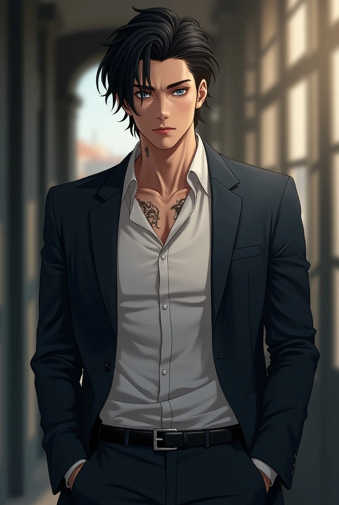 A very handsome man, black hair , greyish eye color, casual Italian ...