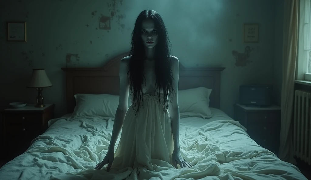 A creepy ghost woman wearing white dress with long black hairs sitting ...