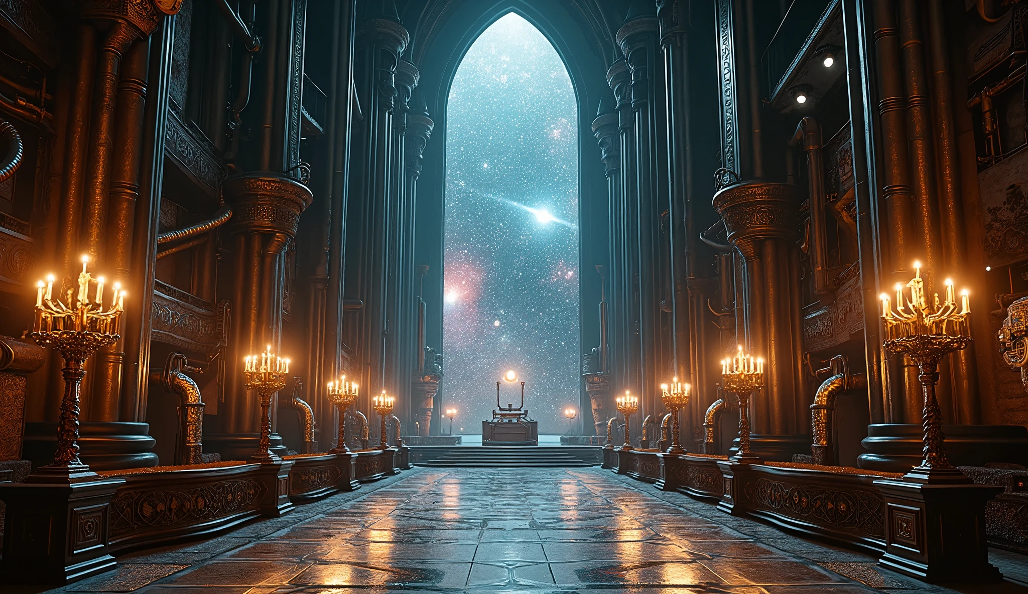 Gothic-Mechanical Religious Architecture with Interstellar View - SeaArt AI