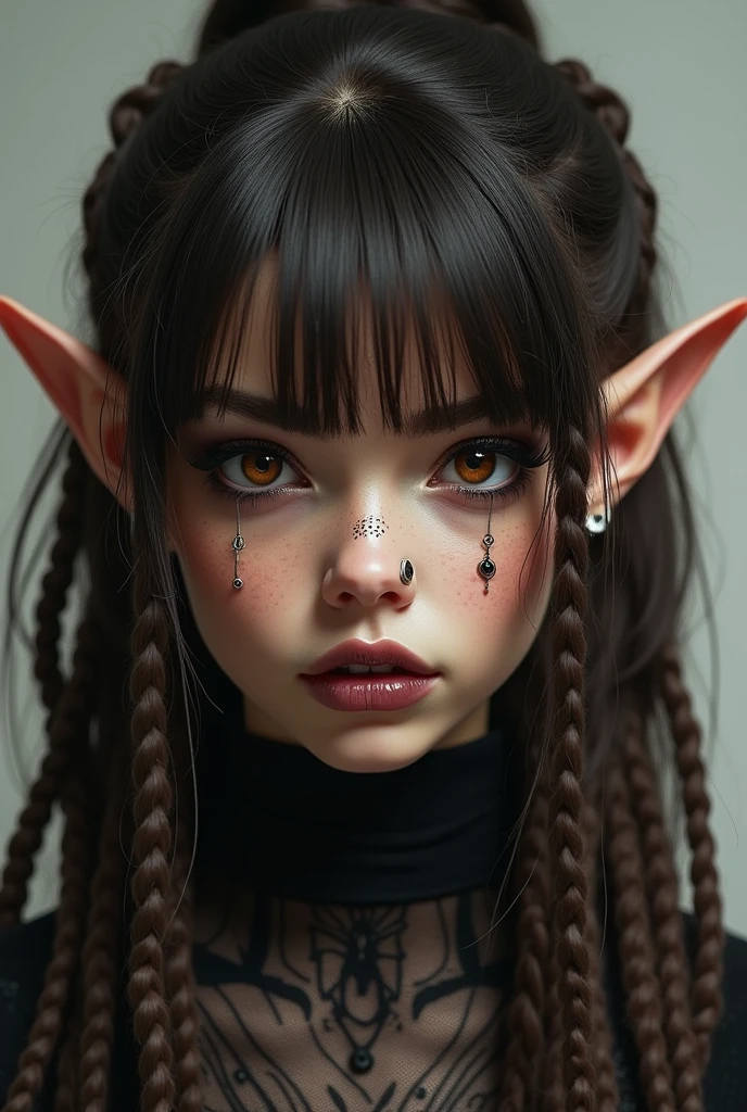 A female with coco toned skin, elf-like ears that has ring piercings on ...