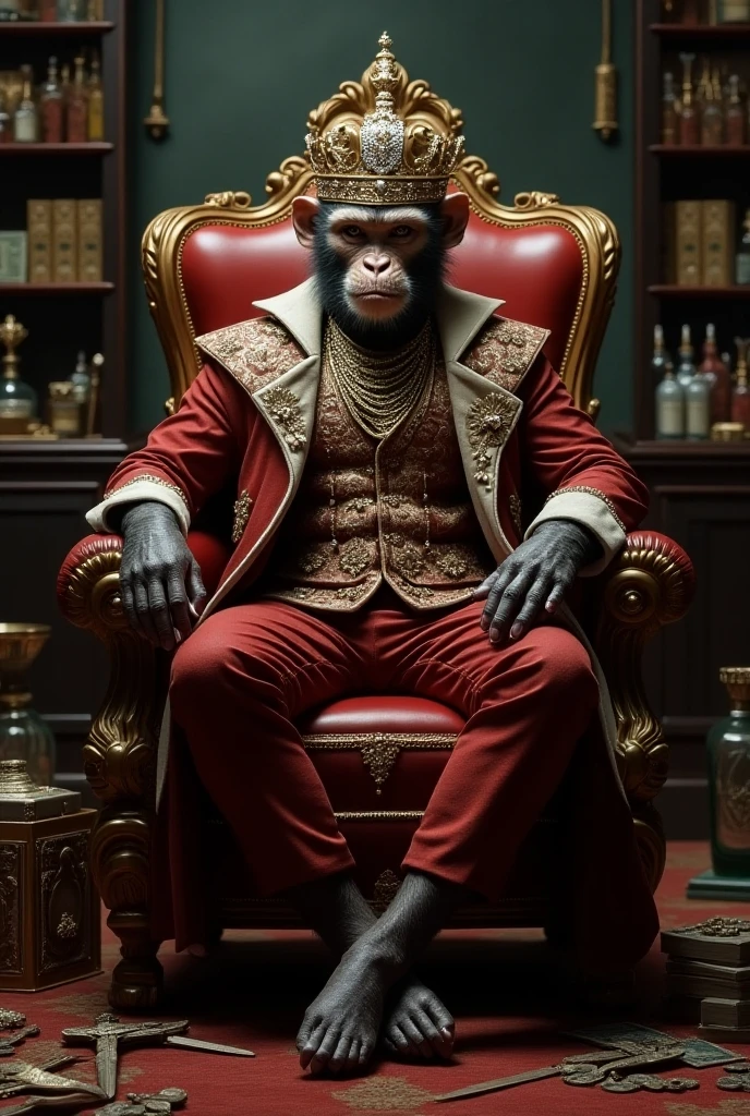 Monkey assassin with weapons , money, drugs and jewelry sitting on a throne and - SeaArt AI