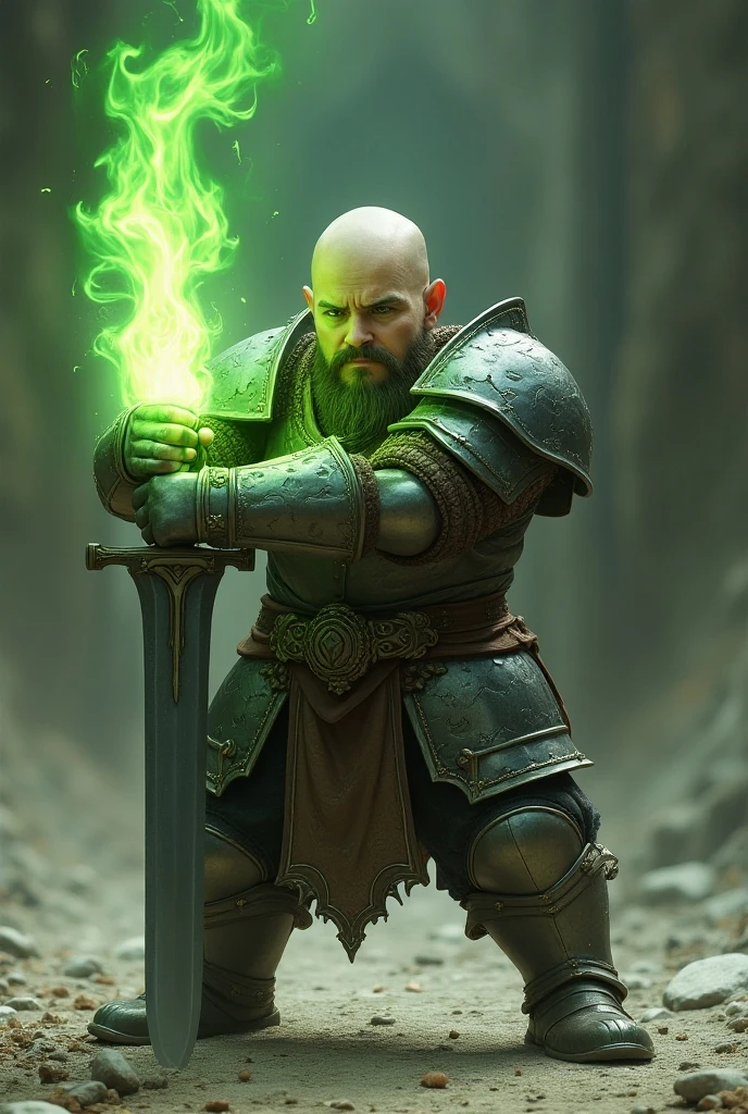 Bald dwarf in plate armor stands with a large sword. With one hand he ...