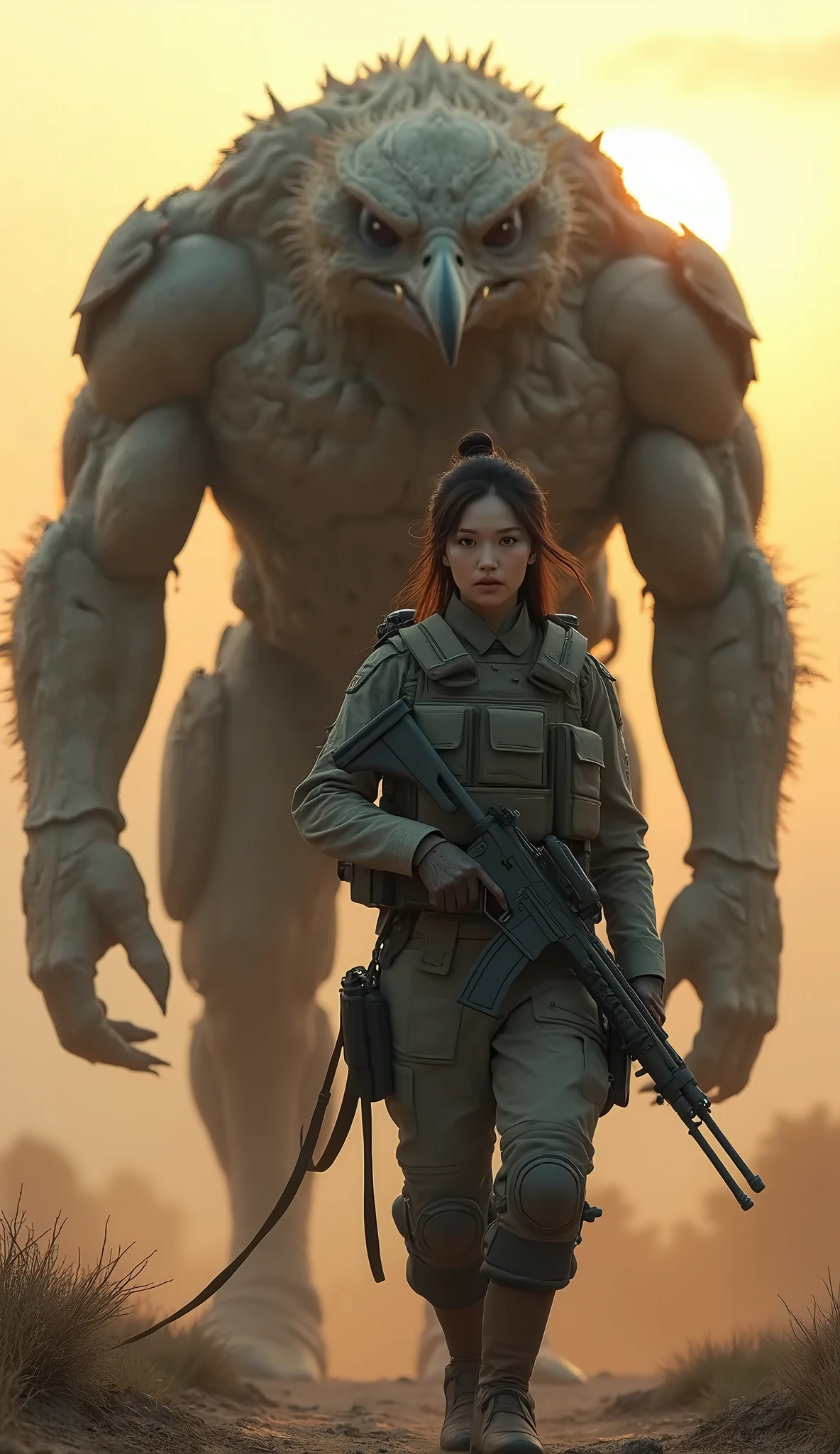 Create A Beautiful Chinese Woman Soldier Walking And A Giant Giant ...