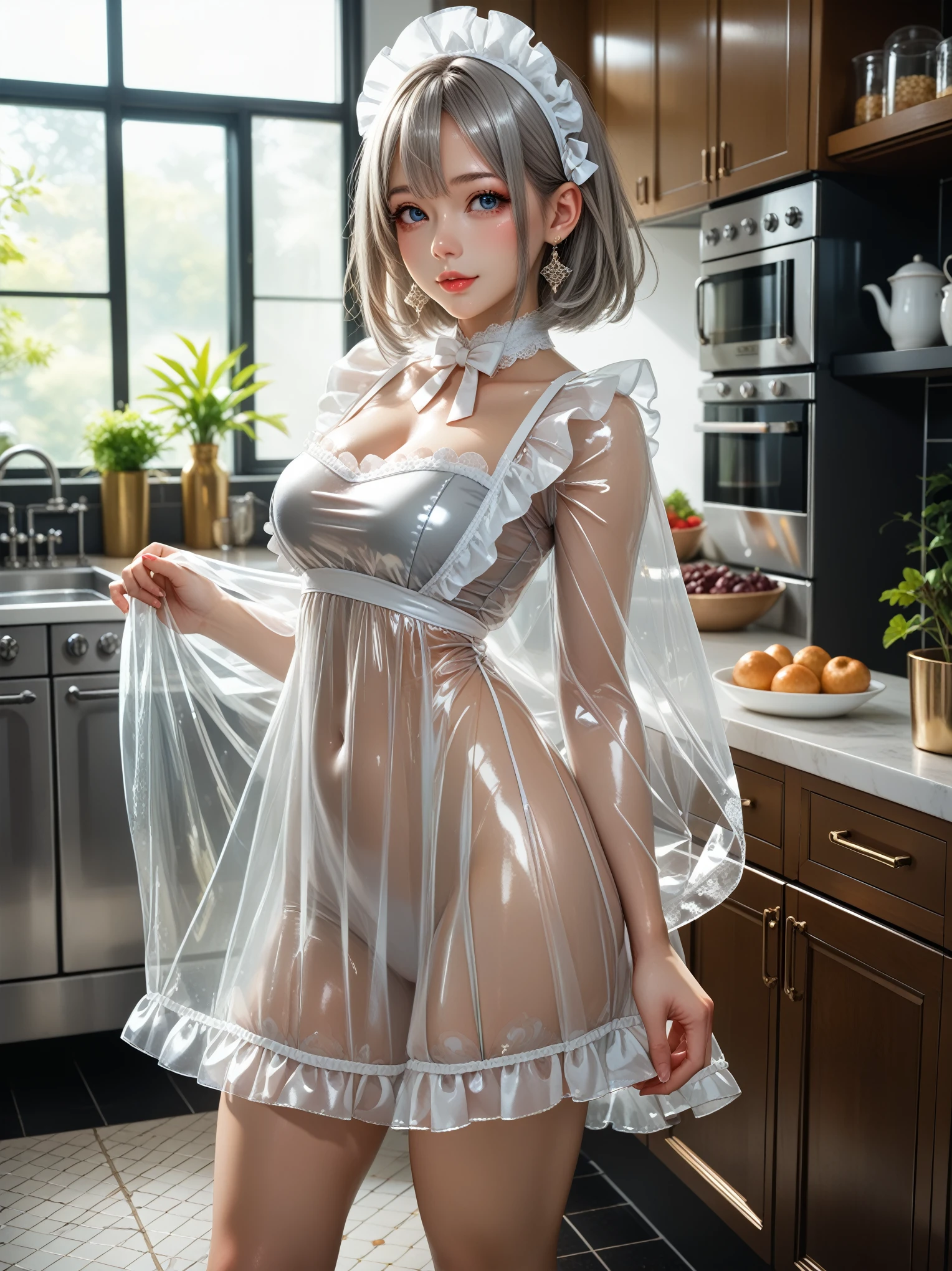 Woman in a Silver Dress Poses in Kitchen, Translucent Dress - SeaArt AI