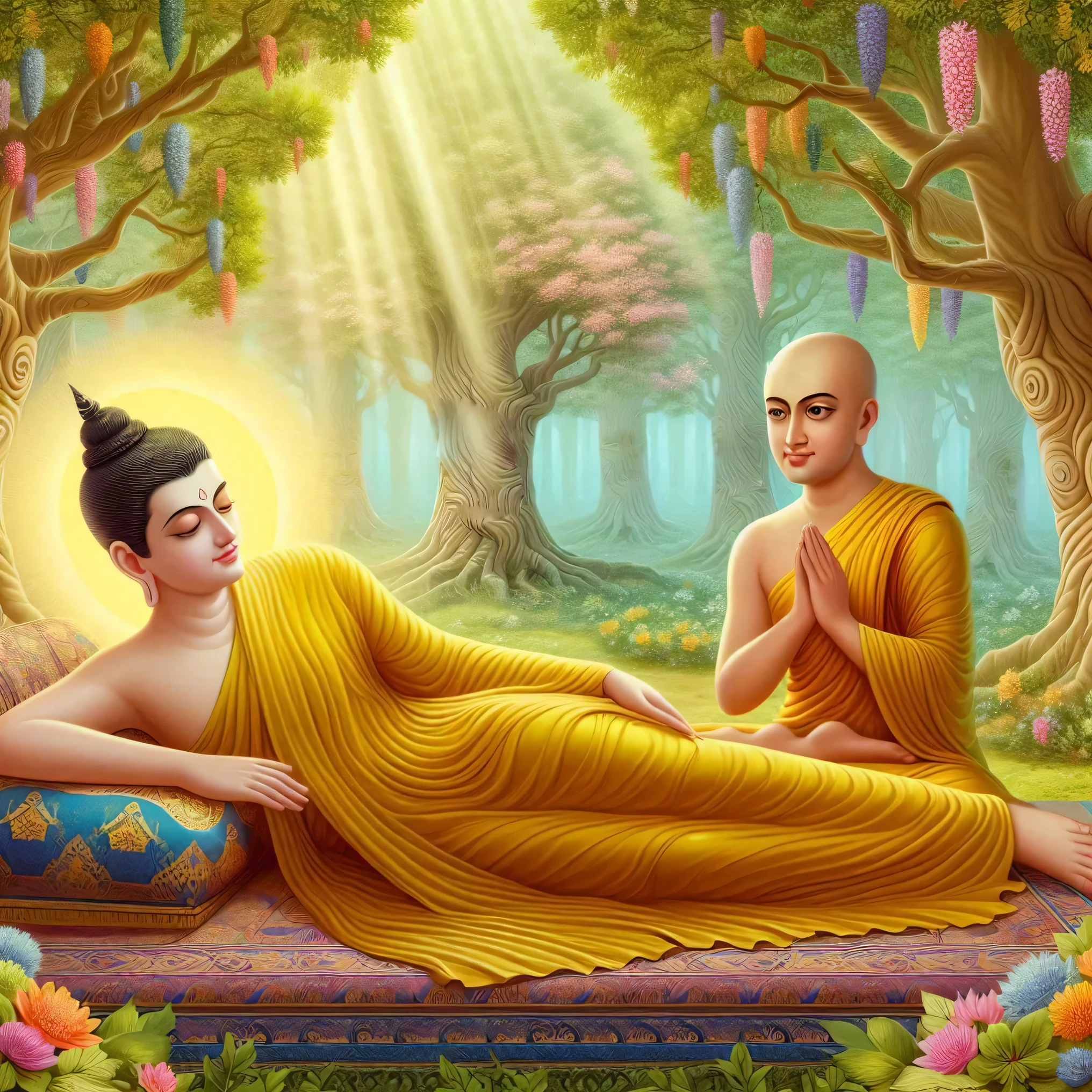 Buddhas in a forest with a sunbeam and a tree, Buddhism, Buddhist ...