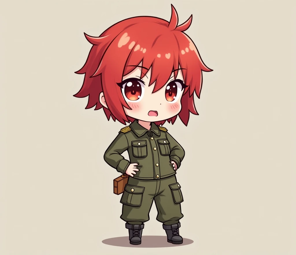 Create a chibi-style anime girl with red hair and a military outfit ...