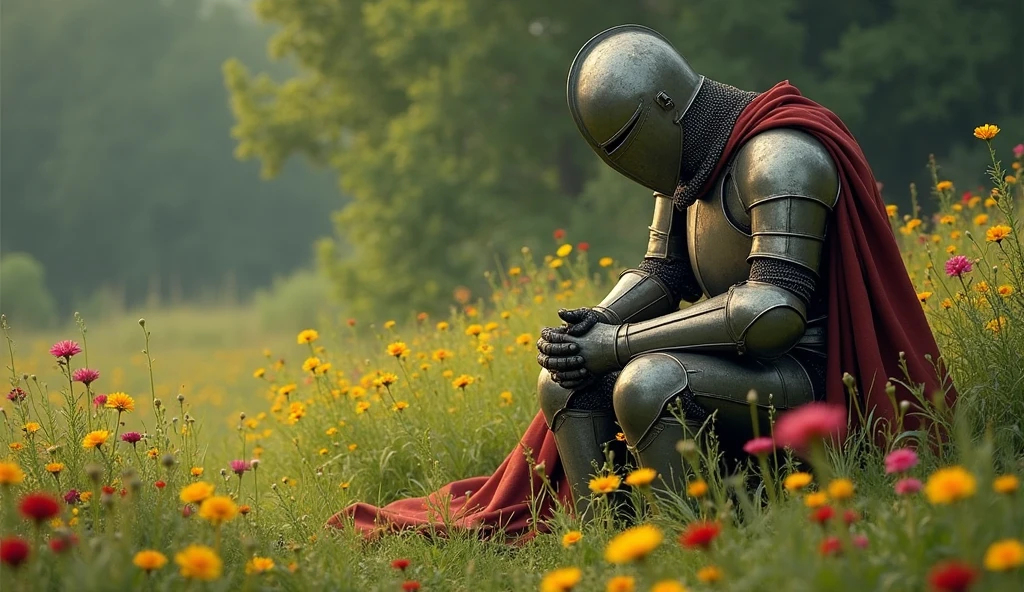 Detailed Description : " A medieval knight in full armor , sitting or ...