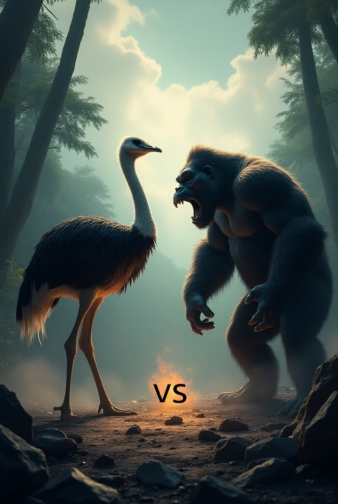 An intense battle scene between an ostrich and a gorilla. The ostrich ...