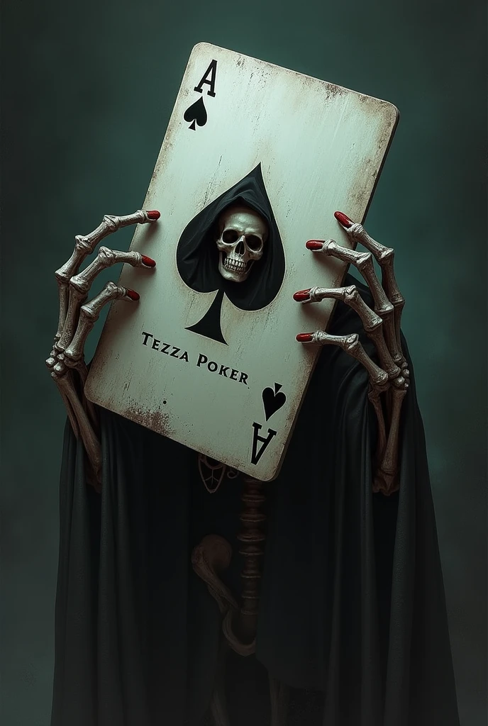 A skeleton is holding a large poker card that is written Tezza Poker ...