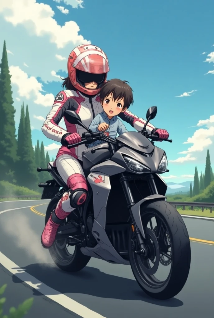 Image of the mother wearing a white and pink motorcycle racing wearpack ...