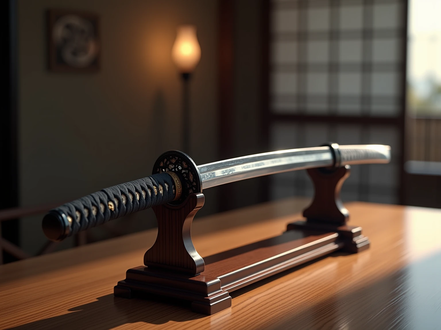 Ultra-realistic, detailed illustration of a Katana displayed on an ...