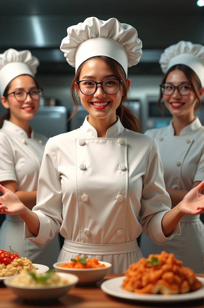 Make a picture of 3 female chefs showing their cooking with the ...