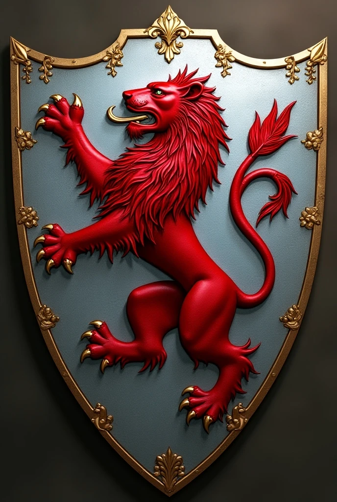 Generate an image of a shield. Embroidered on the shield is a red lion ...