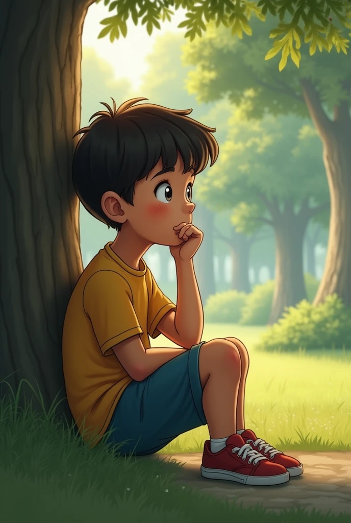 A boy thinking something and set on park - SeaArt AI
