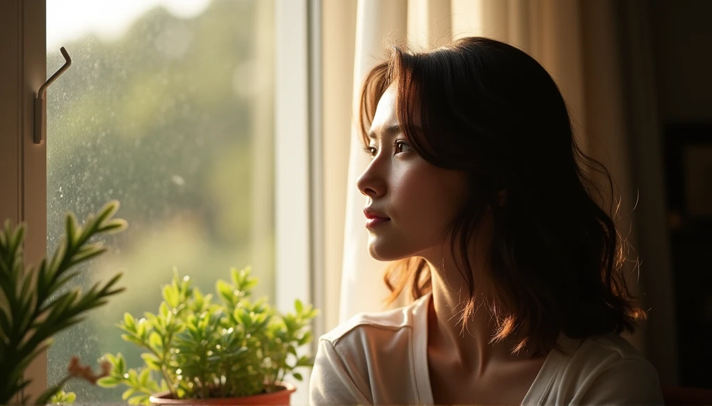 A person sitting near a window, looking outwards. The morning light ...