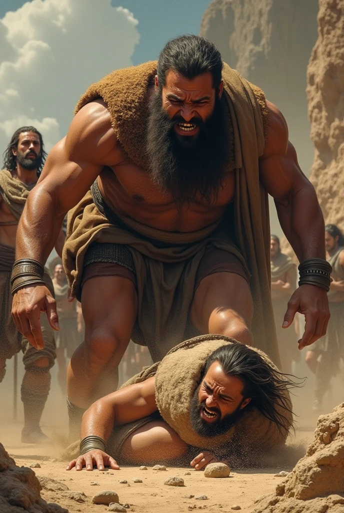 Goliath was hit by david and fell down on surface with a painful face ...