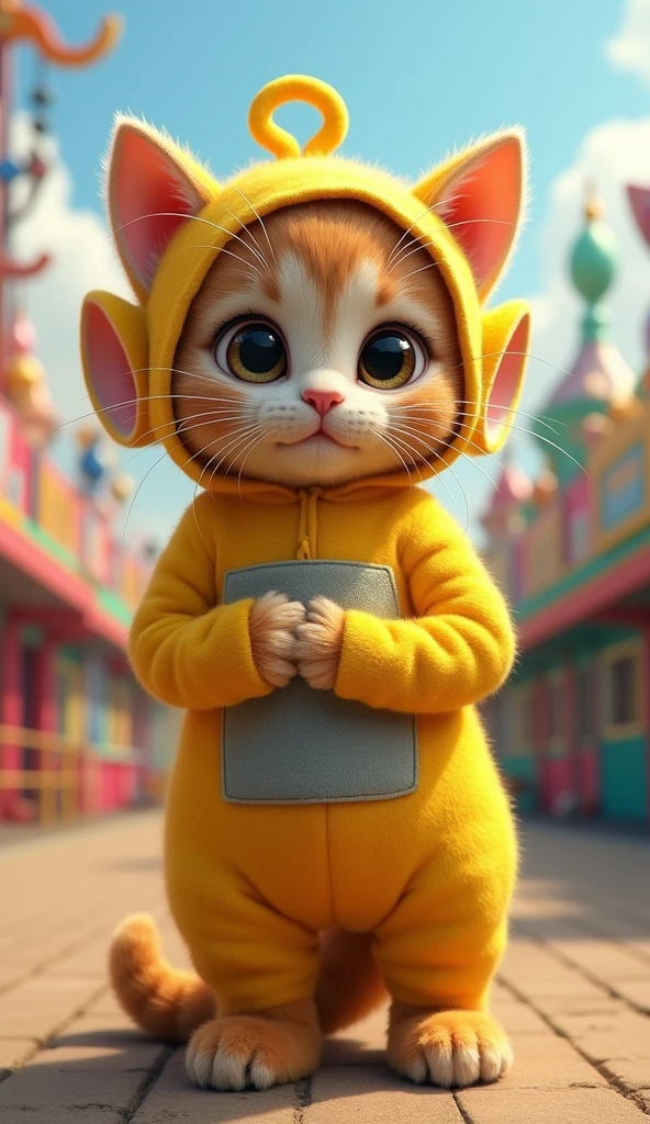 A cute little cat standing, in yellow Teletubbies' costume, amusement ...