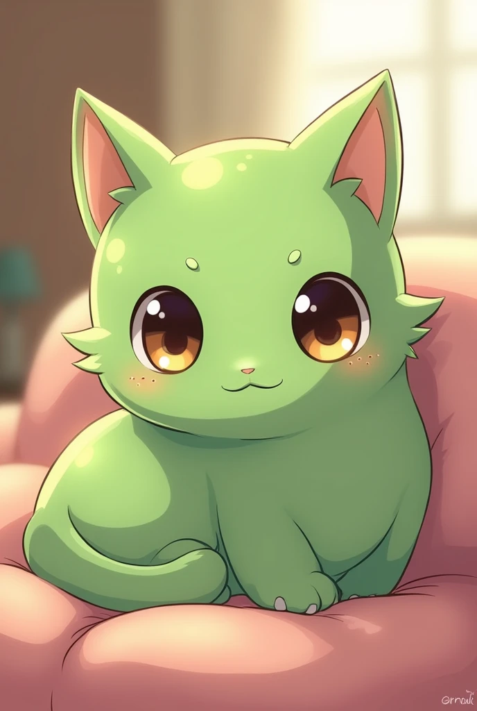 Cute little lap green alien cat anime - SeaArt AI