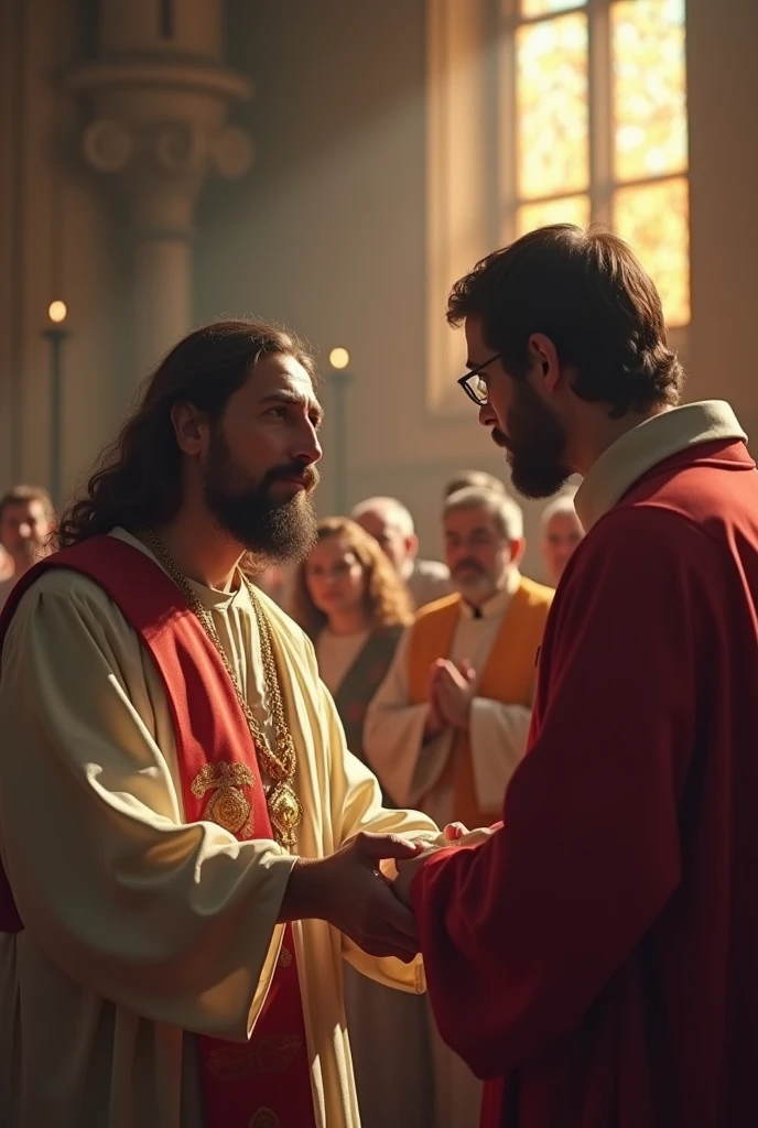 Jesus Christi in church opens his robe, exposing his erect penis as a ...